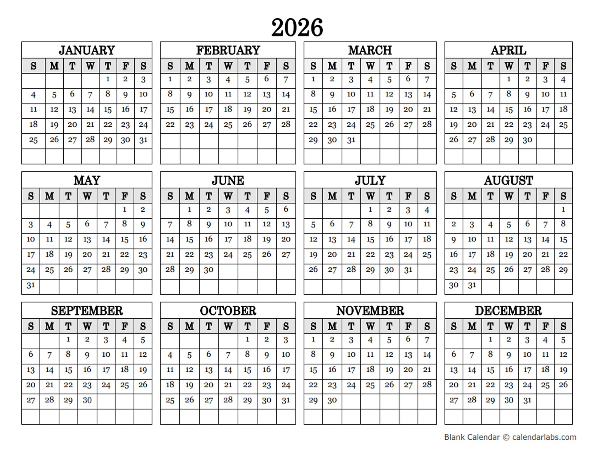 Printable Calendar 2026 Landscape - Printable We Love Printables