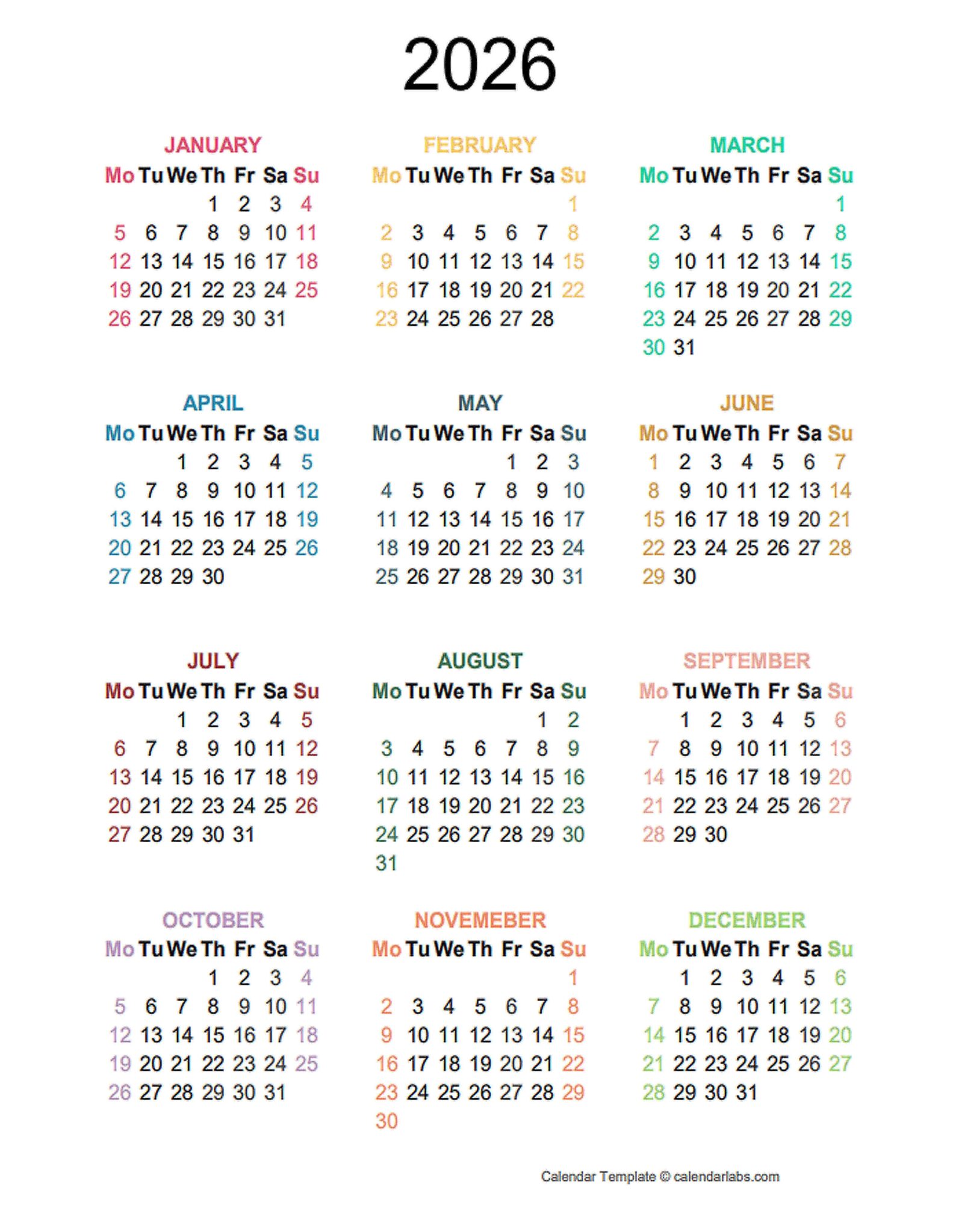 Printable Calendar 2026 Colorful - Printable We Love Printables