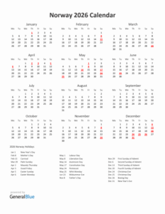Printable Calendar 2026 Year Norway - Printable We Love Printables