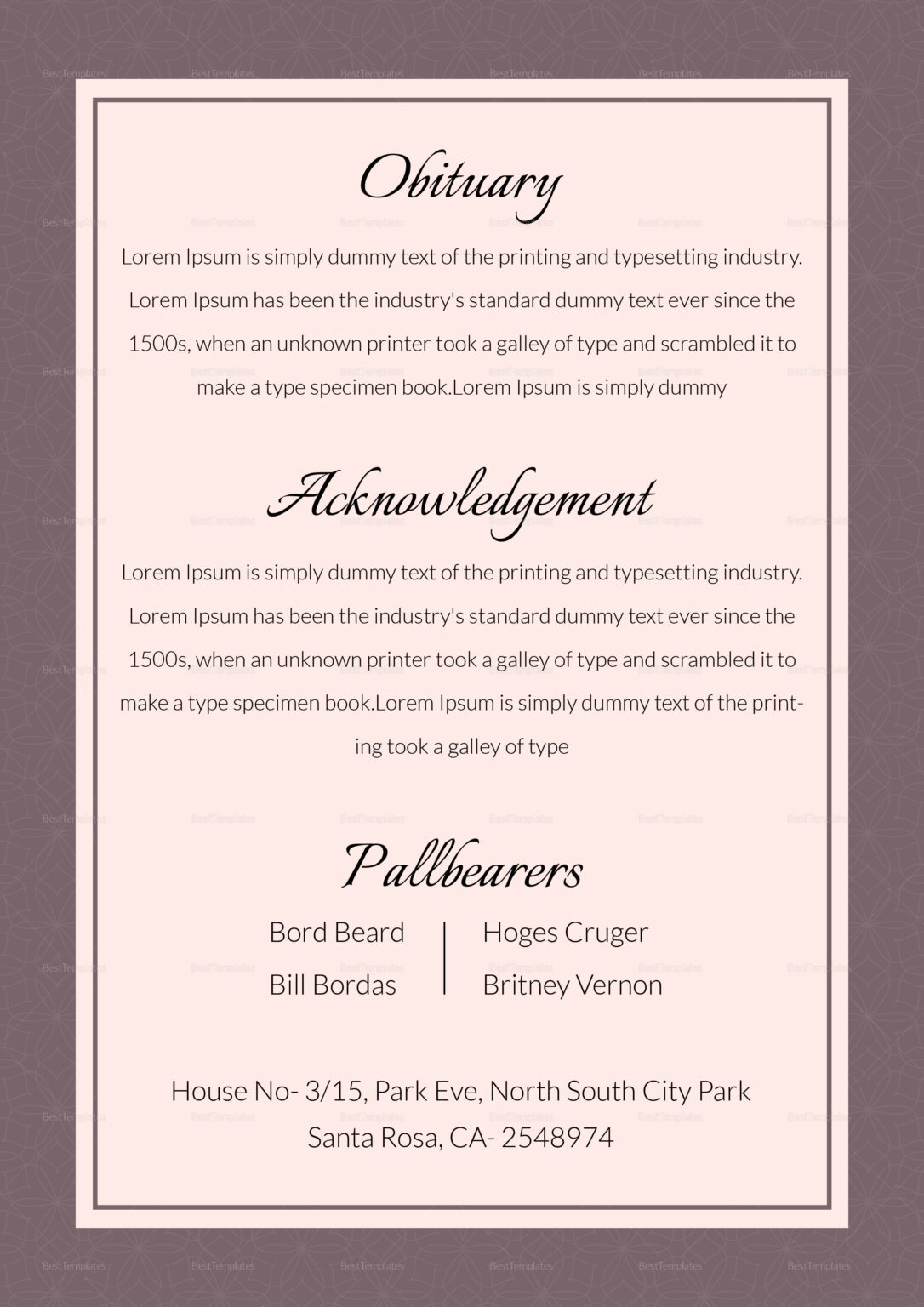 Free Obituary Templates Printables - Printable We Love Printables