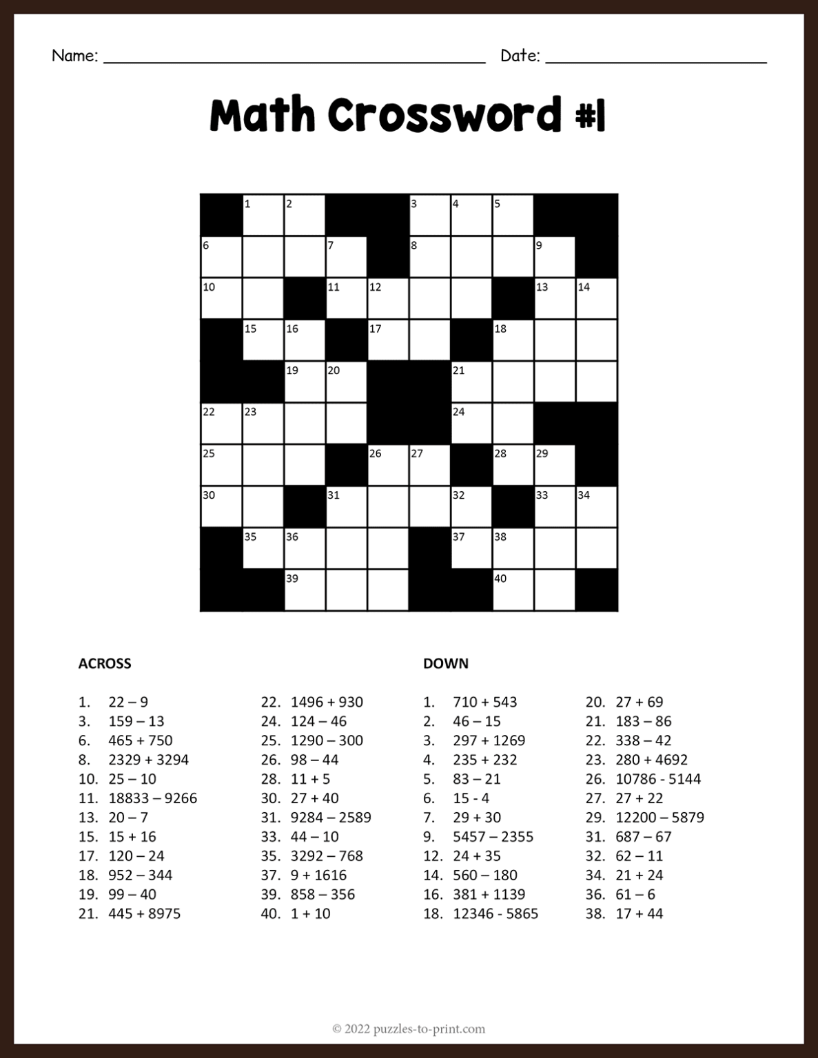 Free Math Crossword Puzzles Printable - Printable We Love Printables